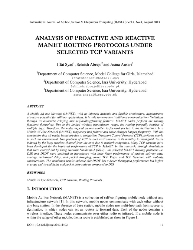 ANALYSIS OF PROACTIVE AND REACTIVE MANET ROUTING PROTOCOLS UNDER SELECTED TCP VARIANTS | PDF