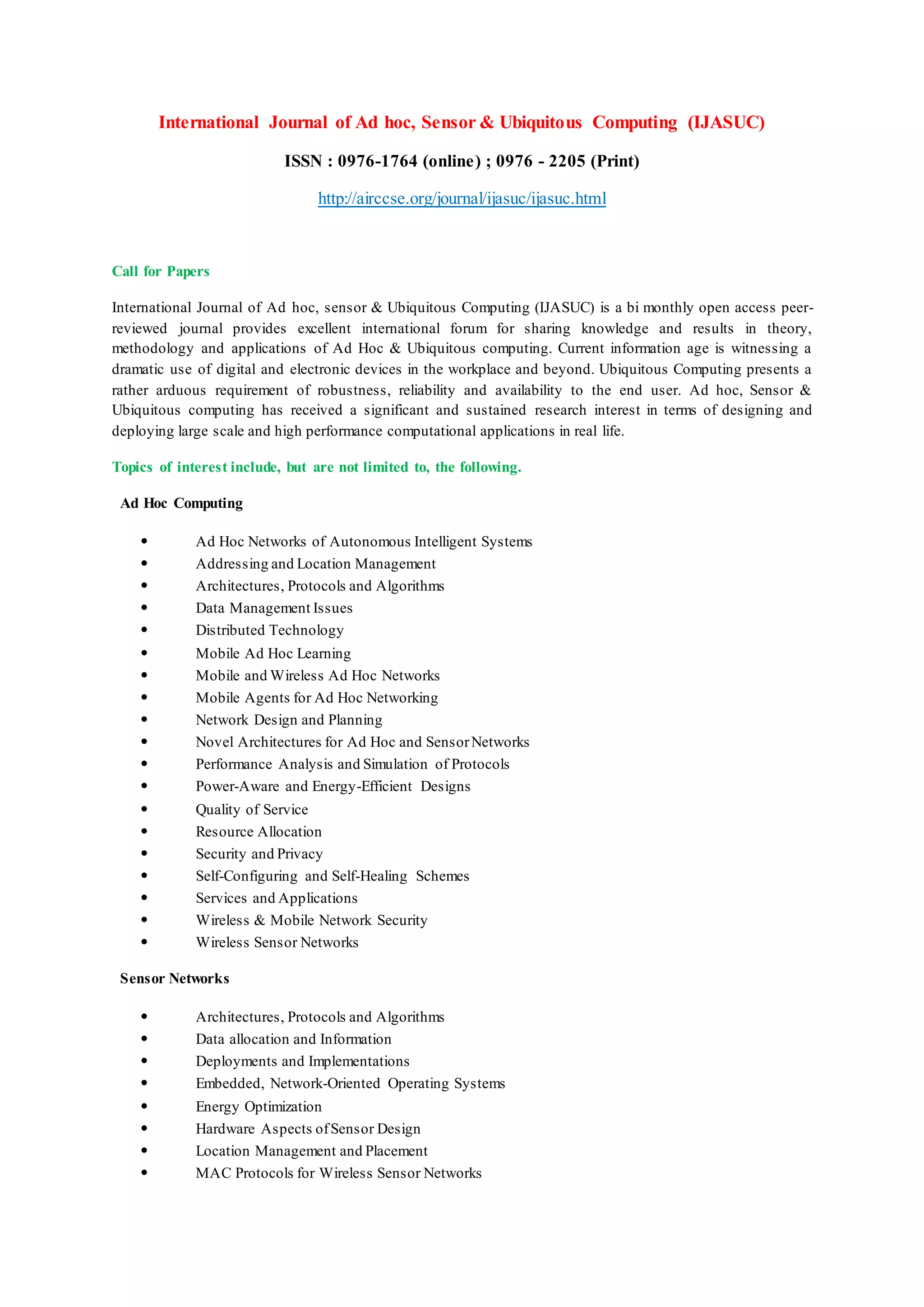 International Journal of Ad hoc, Sensor & Ubiquitous Computing (IJASUC) | PDF