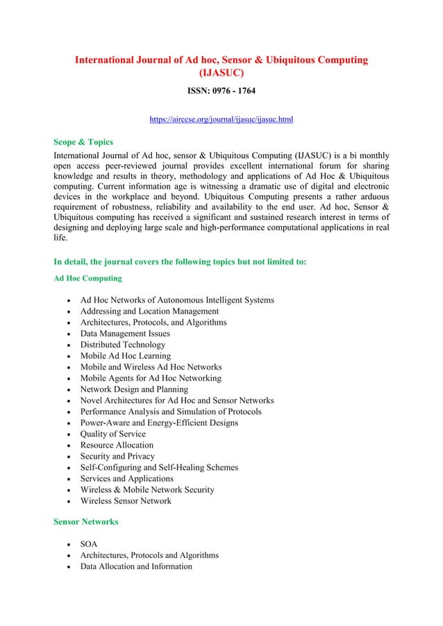 International Journal of Ad hoc, Sensor & Ubiquitous Computing (IJASUC) | PDF