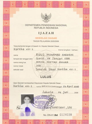 Ijazah sekolah dasar ridlo muhamad farasin | PDF