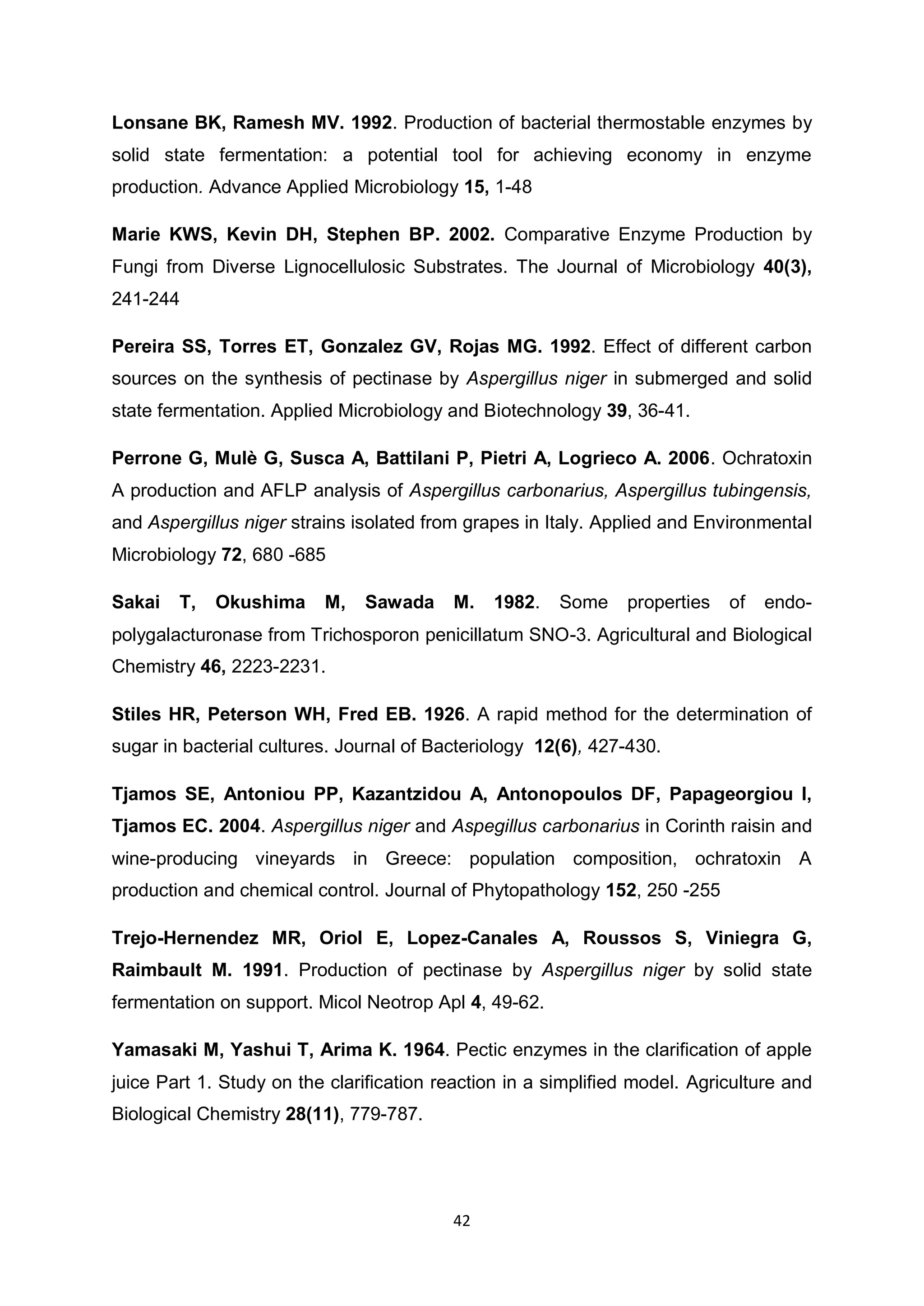 Production of pectinase by Aspergillus niger cultured in solid state ...