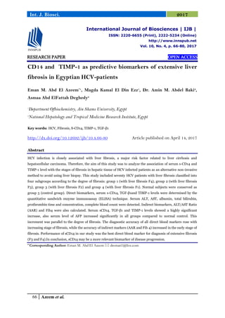 CD14 and TIMP-1 as predictive biomarkers of extensive liver fibrosis in ...