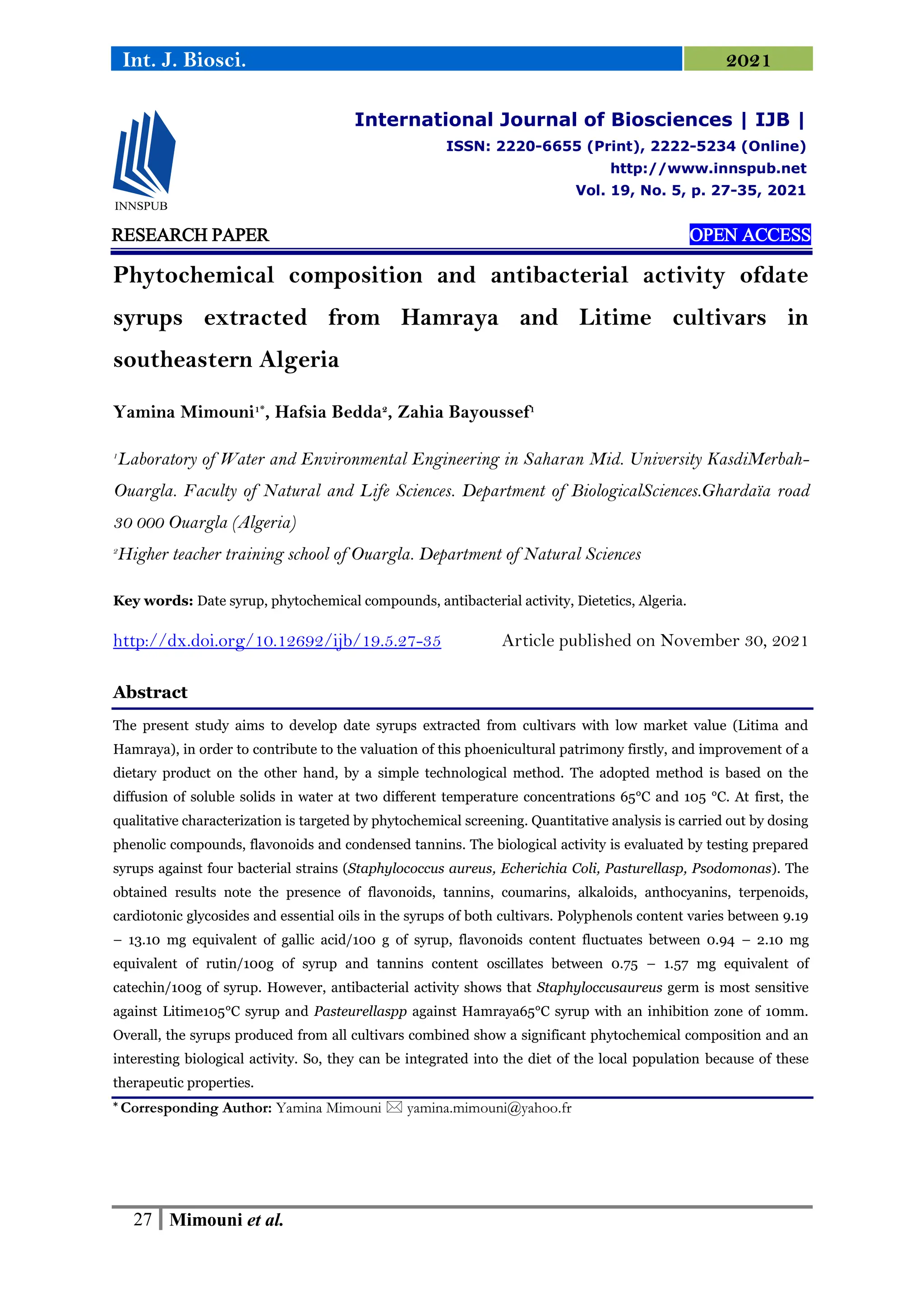 Phytochemical composition and antibacterial activity ofdate syrups ...