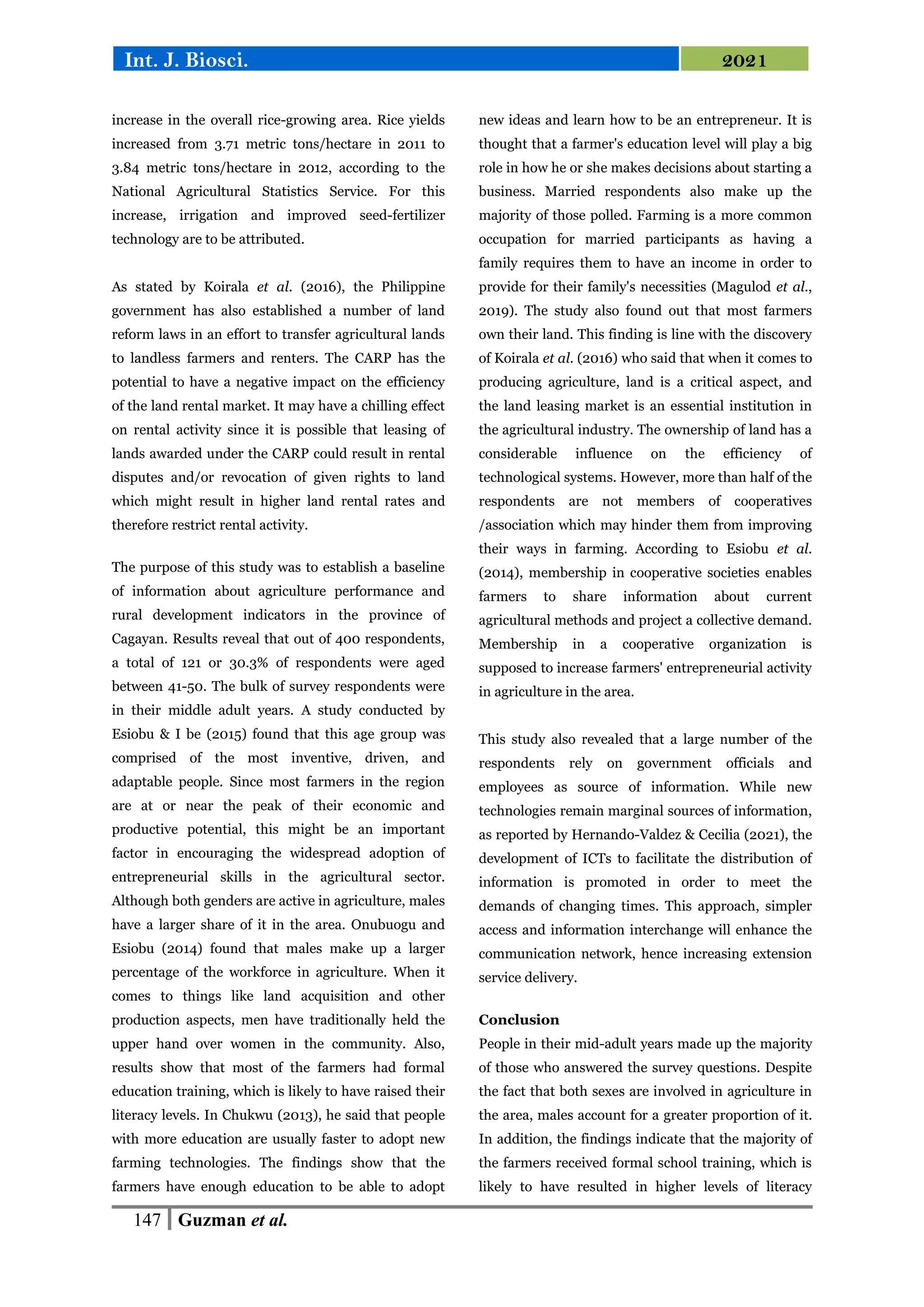 Establishing baseline agriculture performance and rural development indicators in Cagayan ...