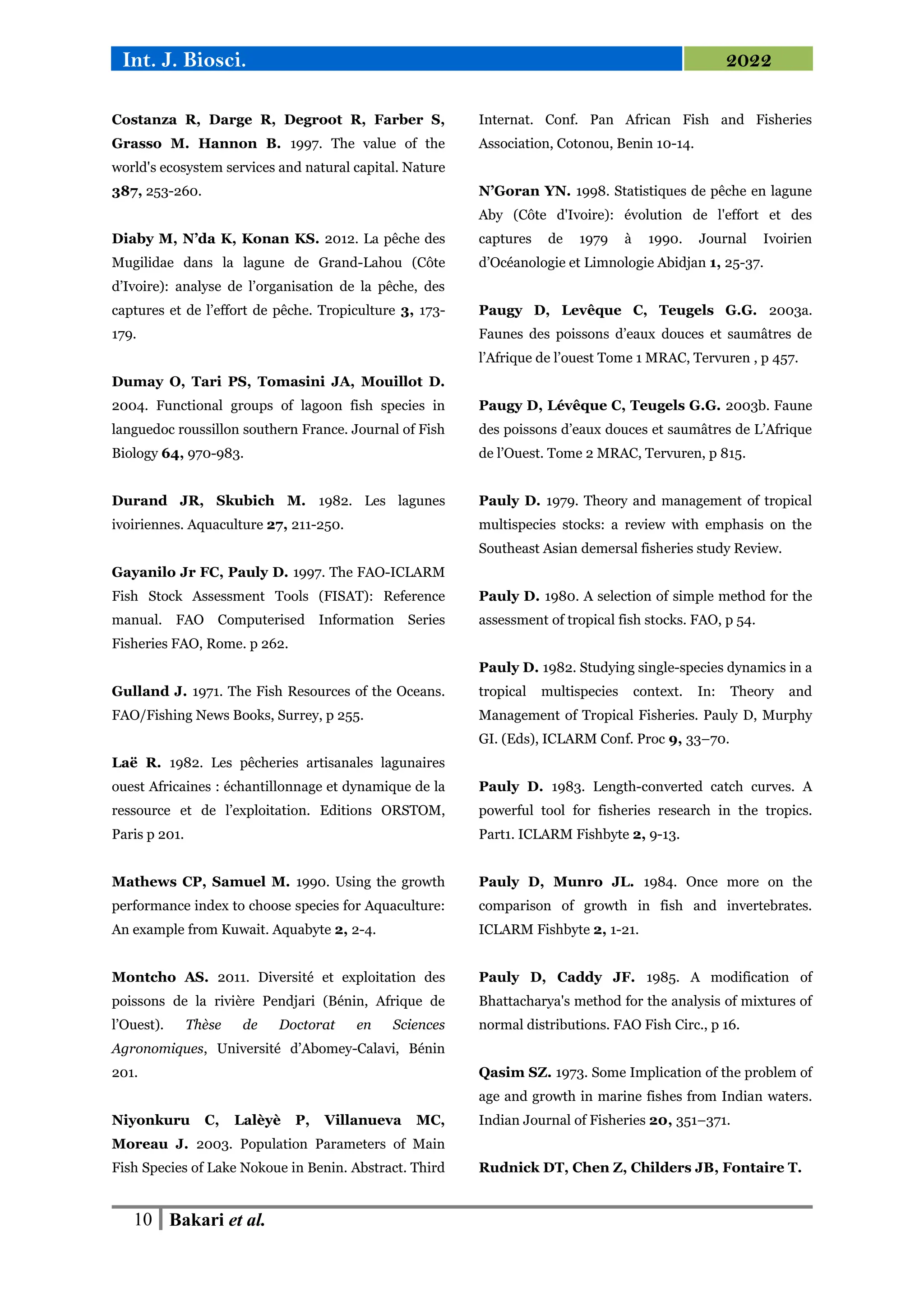 Population dynamics of 15 fish species in Grand-Lahou lagoon (West ...