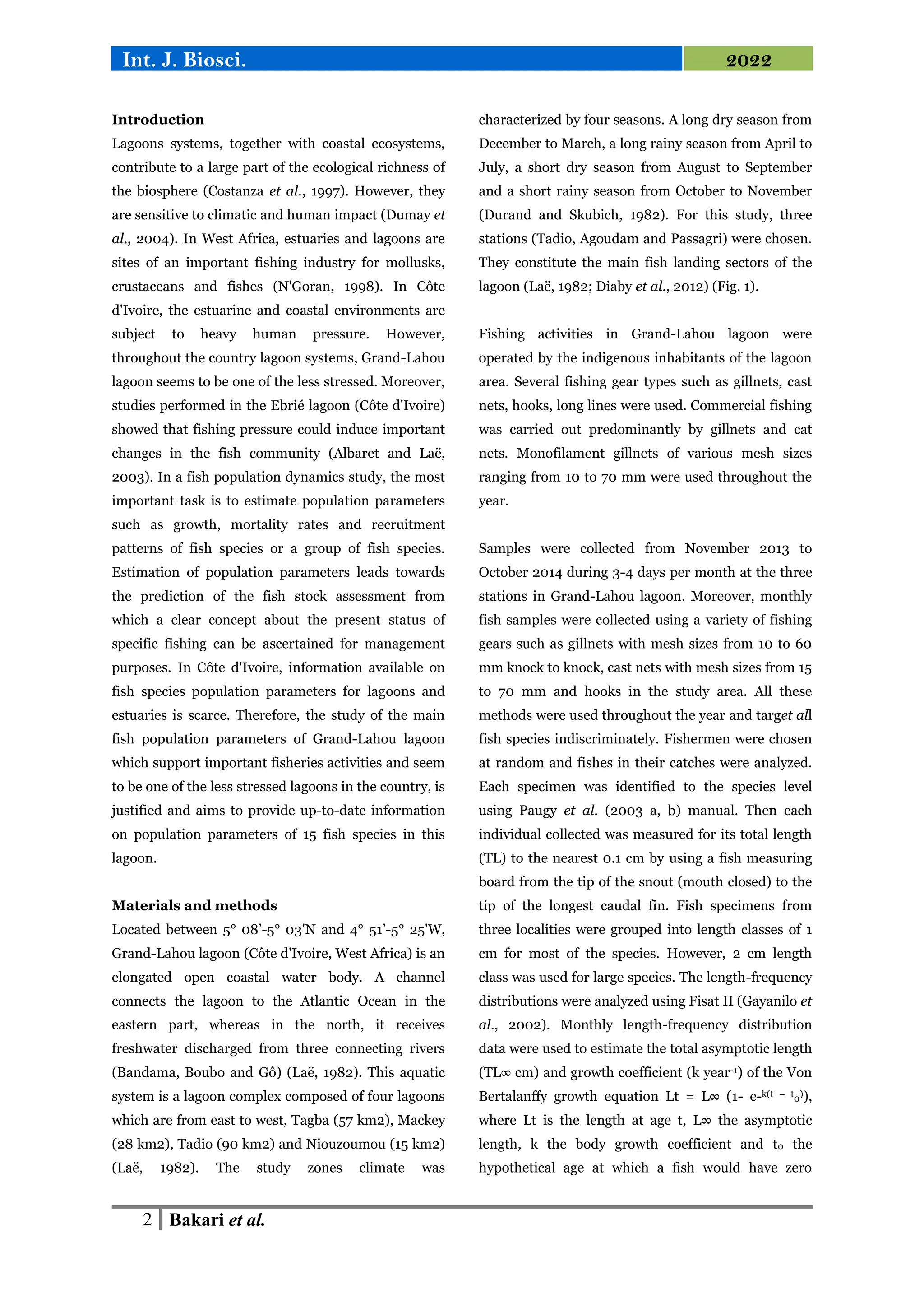 Population dynamics of 15 fish species in Grand-Lahou lagoon (West ...