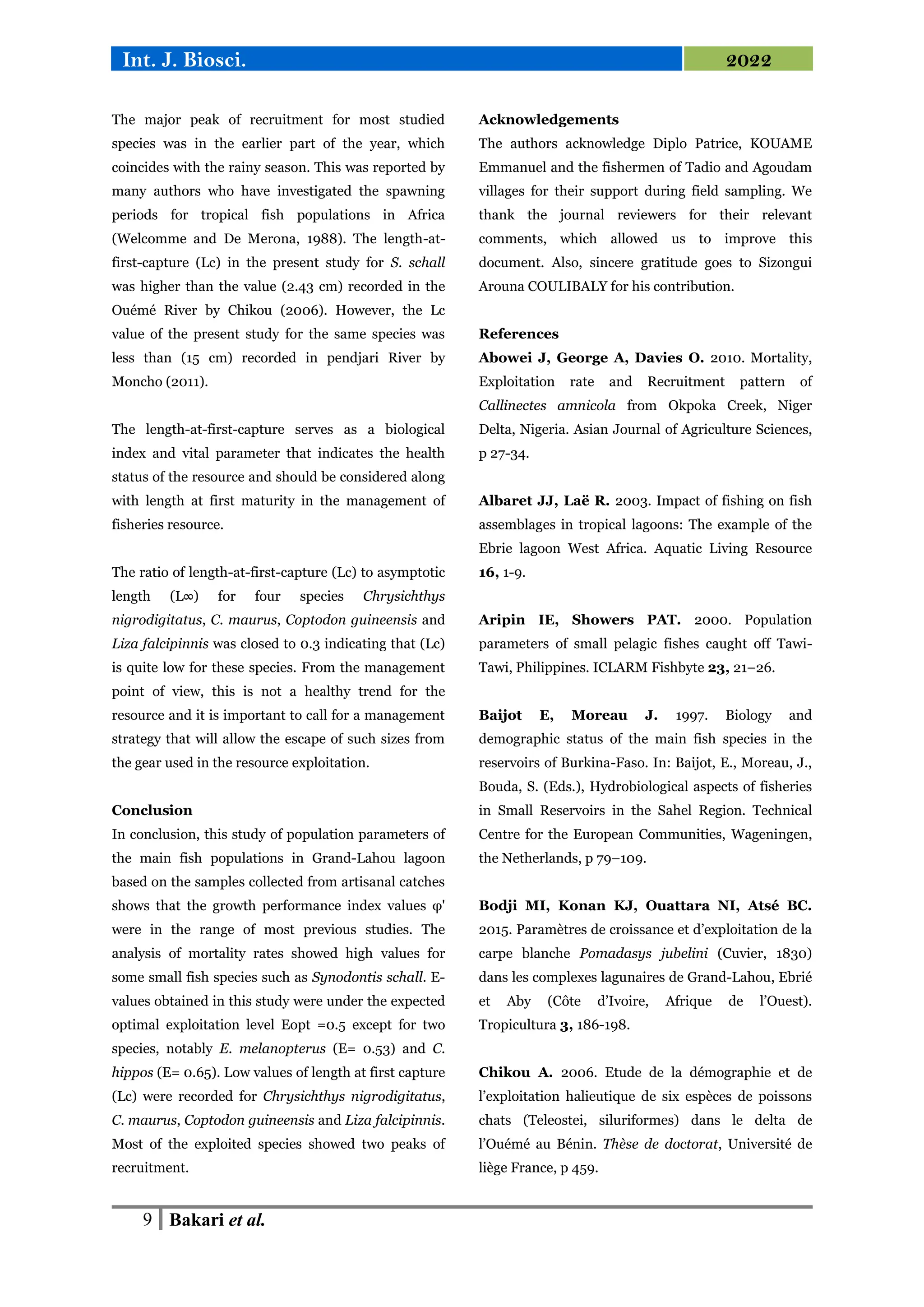 Population dynamics of 15 fish species in Grand-Lahou lagoon (West ...