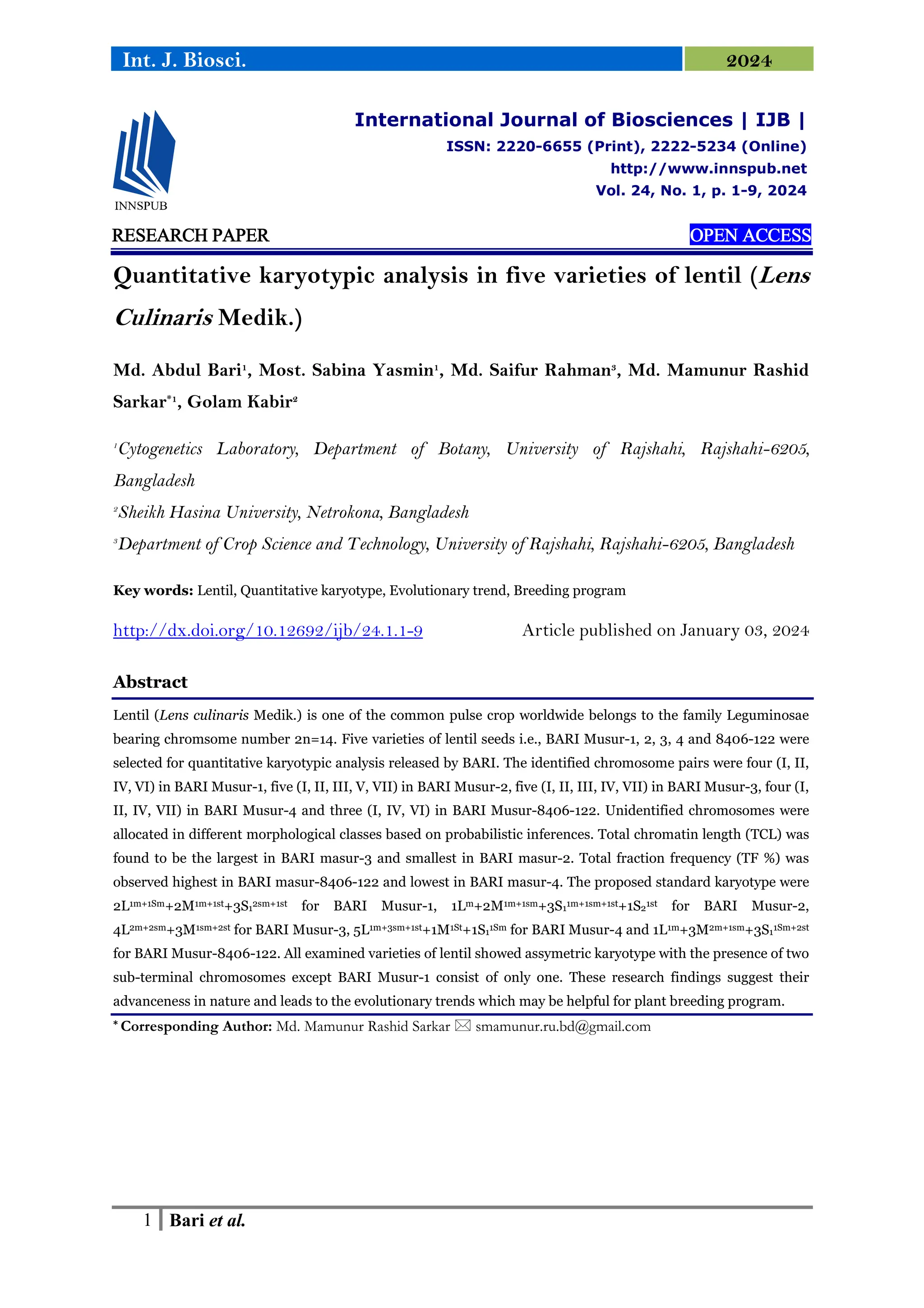 Quantitative karyotypic analysis in five varieties of lentil (Lens ...