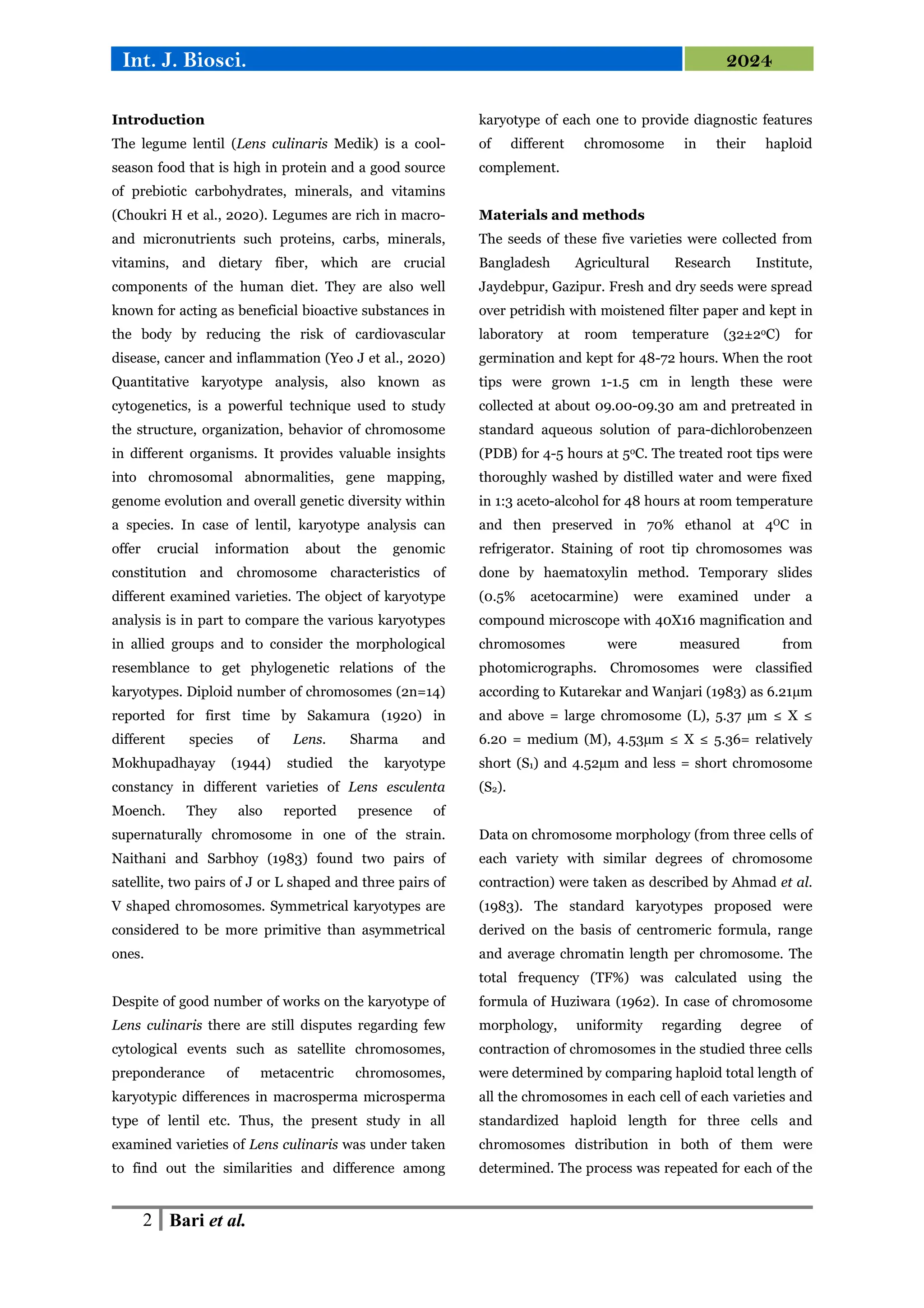 Quantitative karyotypic analysis in five varieties of lentil (Lens ...