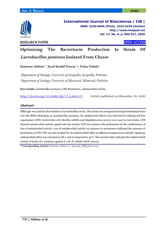 Optimizing The Bacteriocin Production In Strain Of Lactobacillus pentosus Isolated From Cheese ...