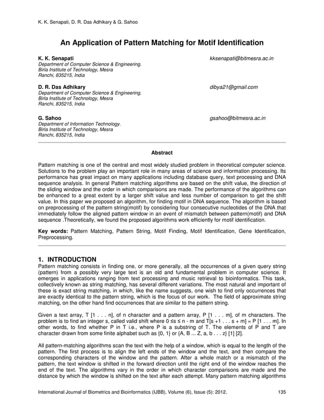 An Application of Pattern matching for Motif Identification | PDF
