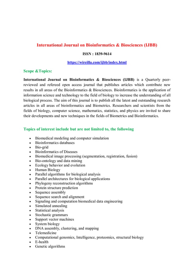 International Journal on Bioinformatics & Biosciences (IJBB) | PDF