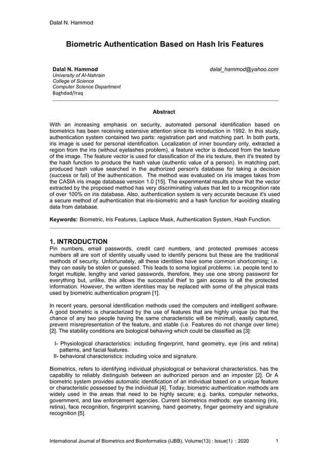 Biometric Authentication Based on Hash Iris Features | PDF | Internet | Computing