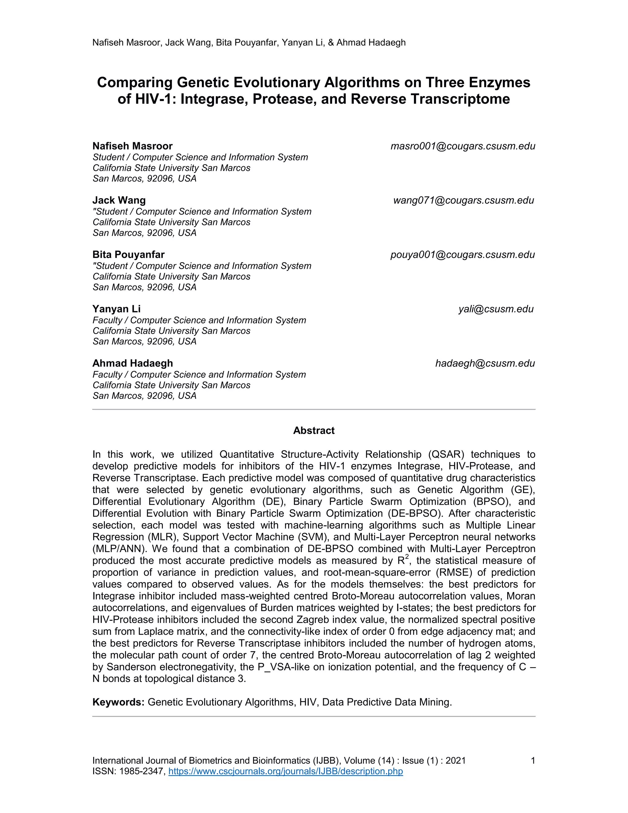 Comparing Genetic Evolutionary Algorithms on Three Enzymes of HIV-1: Integrase, Protease, and ...
