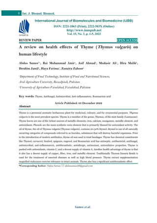 A review on health effects of Thyme (Thymus vulgaris) on human lifestyle | PDF