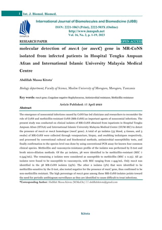 Molecular detection of mecA (or mecC) gene in MR-CoNS isolated from infected patients in ...