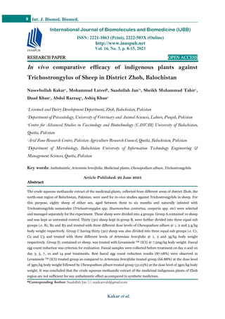 In vivo comparative efficacy of indigenous plants against Trichostrongylus of Sheep in District ...
