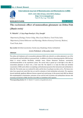 The excitotoxic effect of monosodium glutamate on Zebra Fish (Danio ...