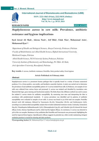 Staphylococcus aureus in cow milk: Prevalence, antibiotic resistance and hygiene implications | PDF