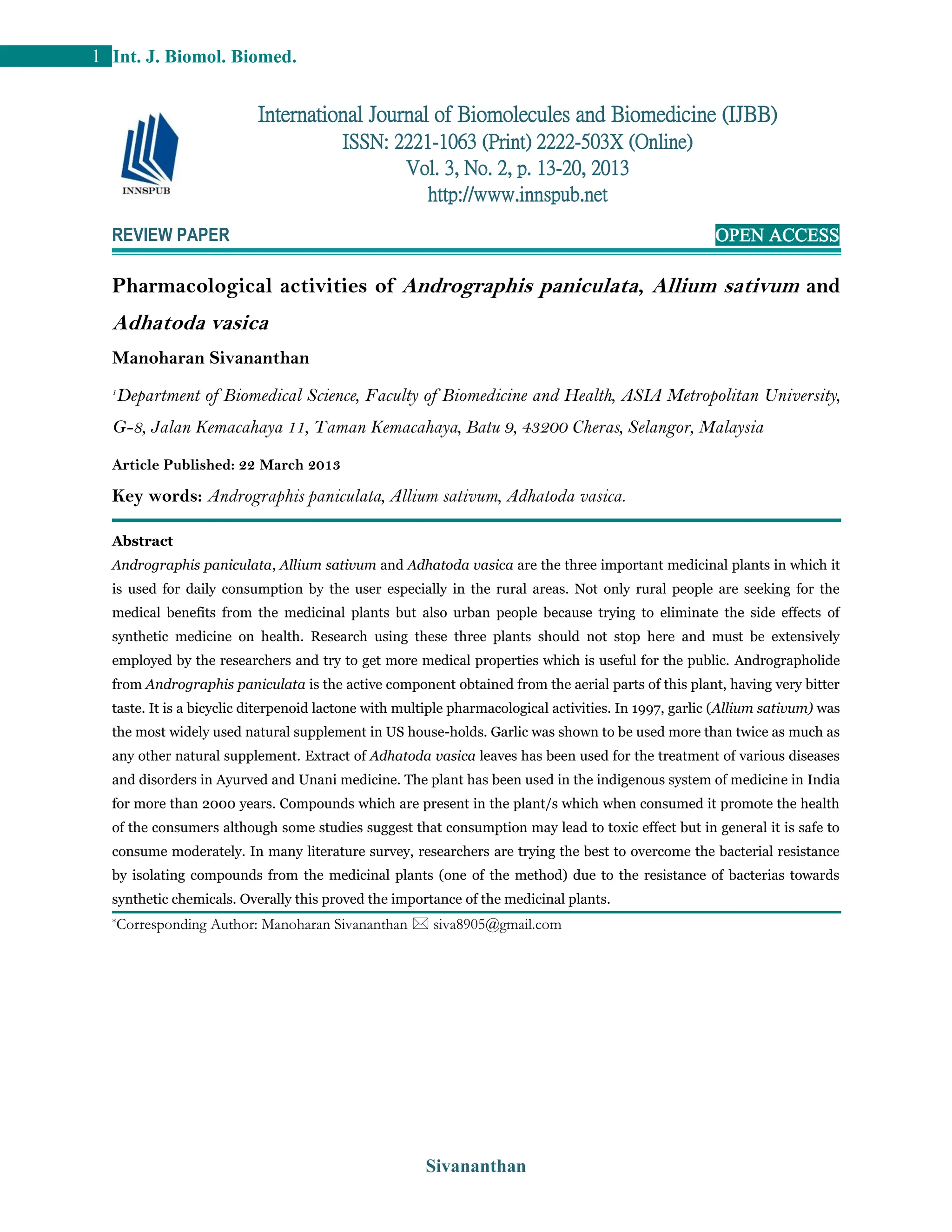 Pharmacological activities of Andrographis paniculata, Allium sativum and Adhatoda vasica | PDF