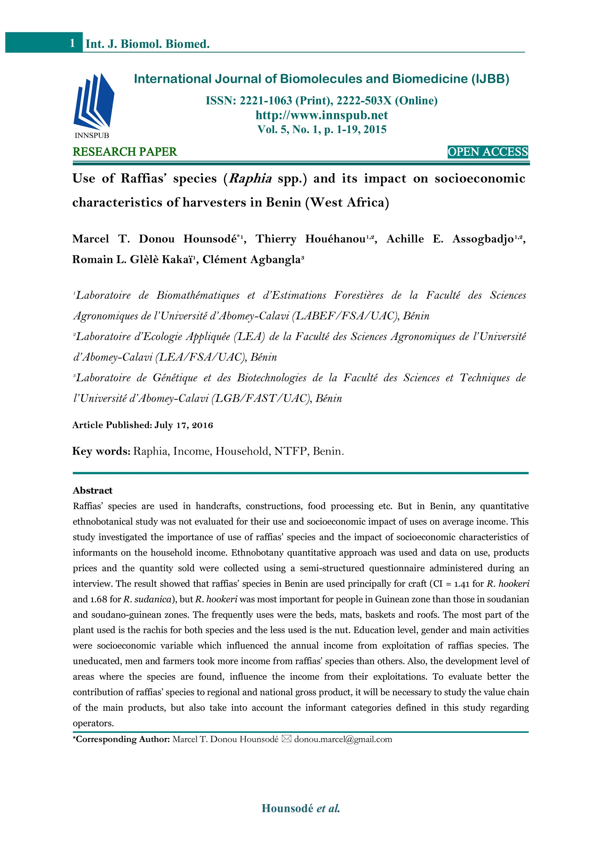 Use of Raffias’ species (Raphia spp.) and its impact on socioeconomic ...