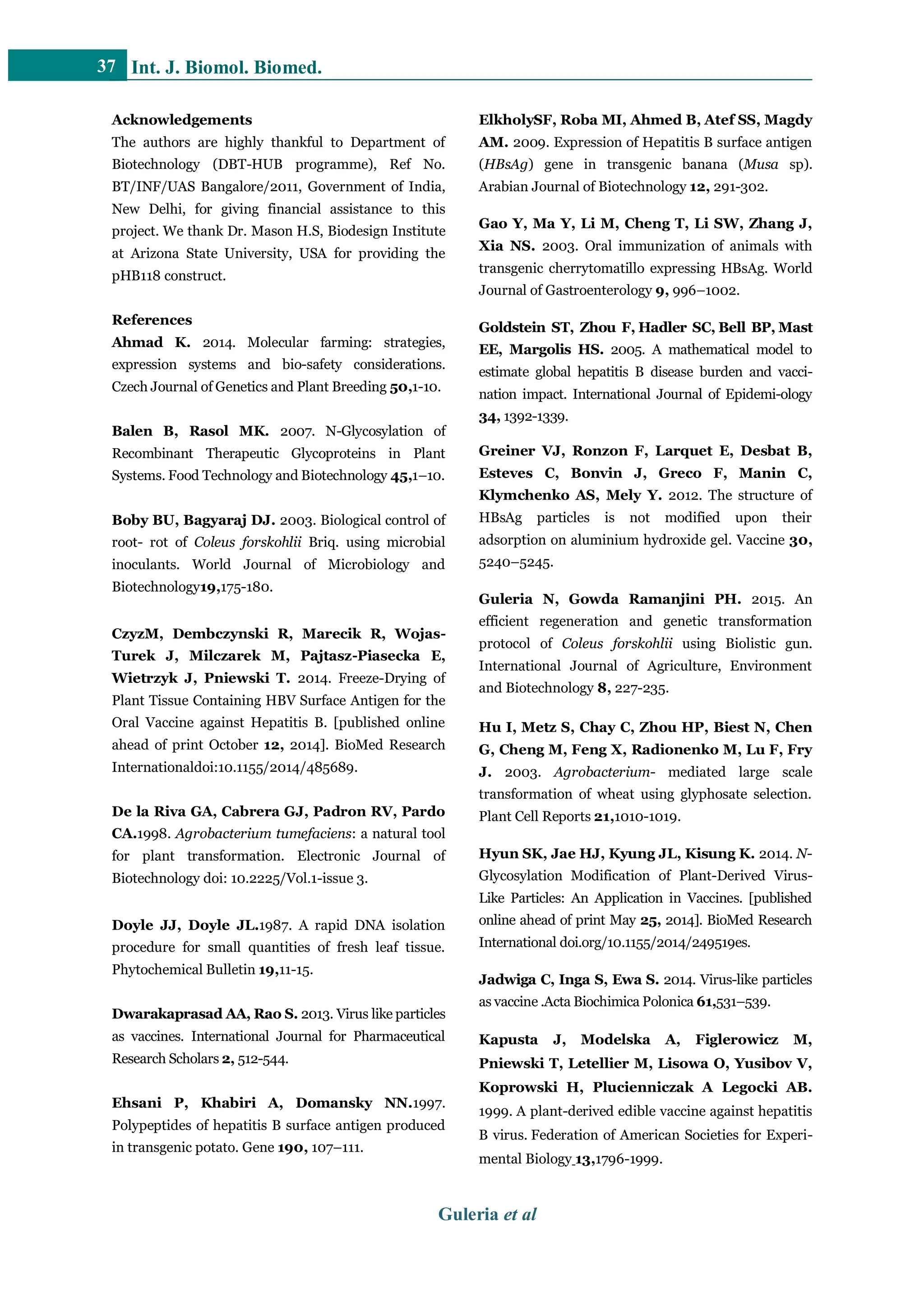 Expression of Hepatitis B Surface Antigen in Coleus forskohlii | PDF