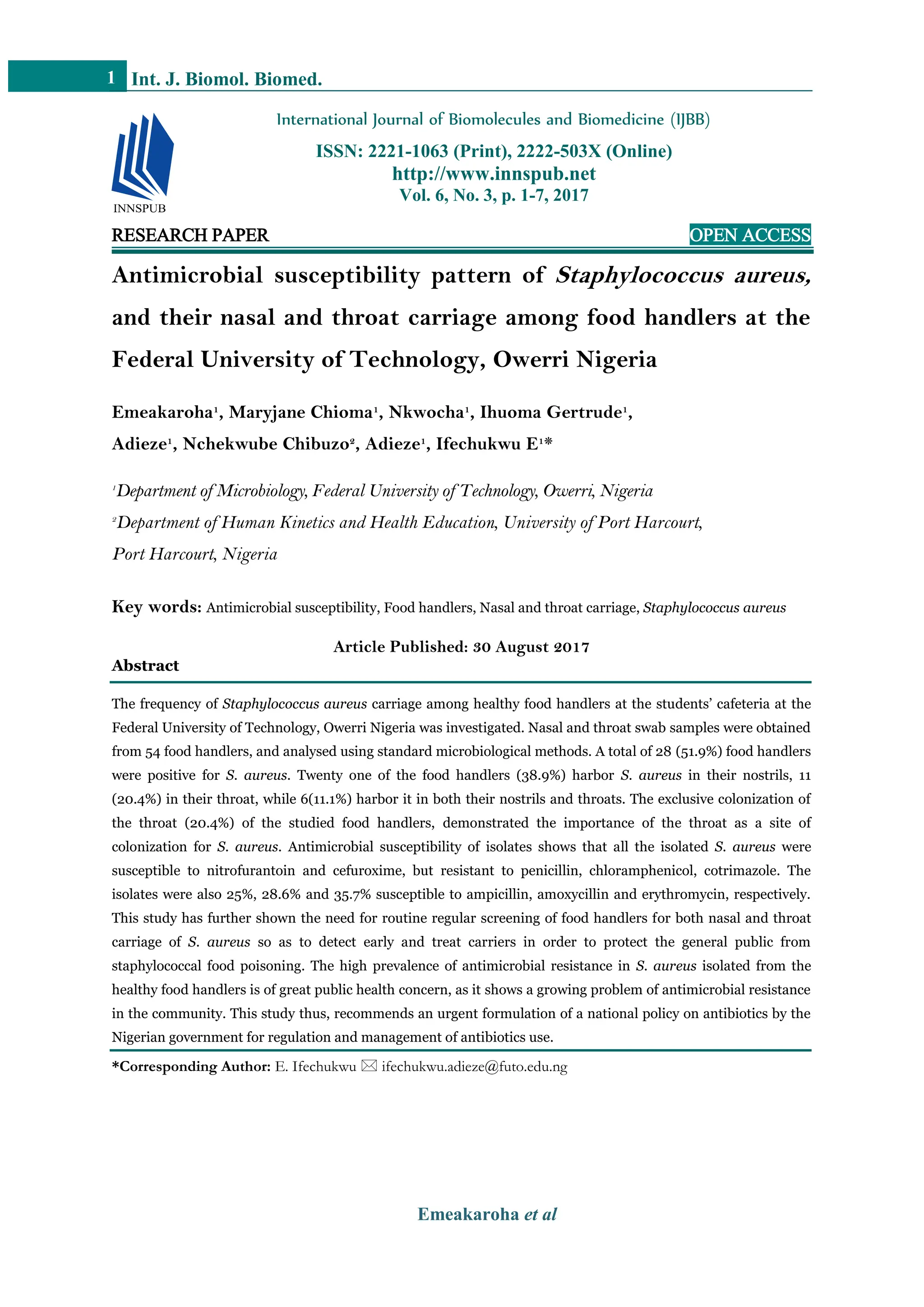 Antimicrobial susceptibility pattern of Staphylococcus aureus, and their nasal and throat ...