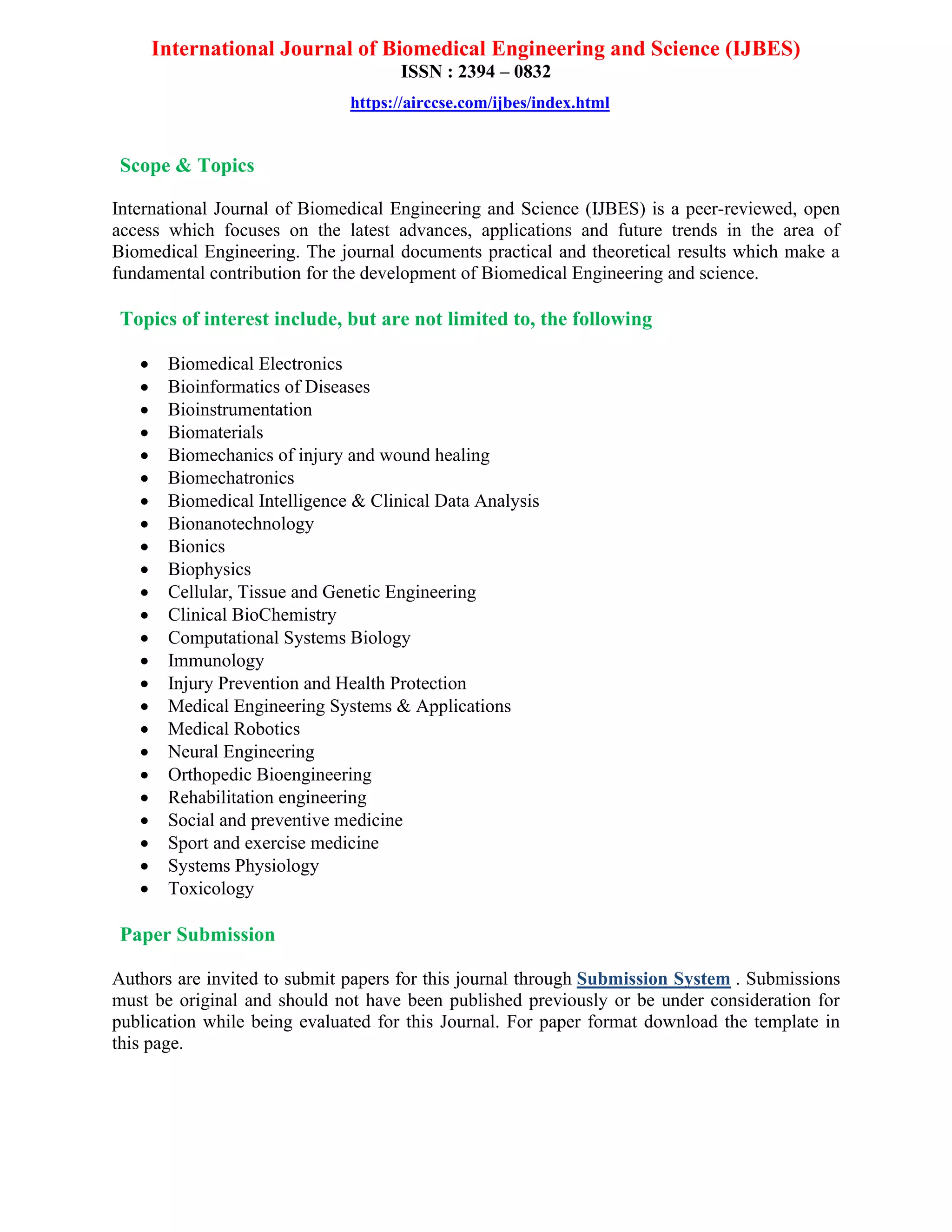 International Journal of Biomedical Engineering and Science (IJBES) | PDF