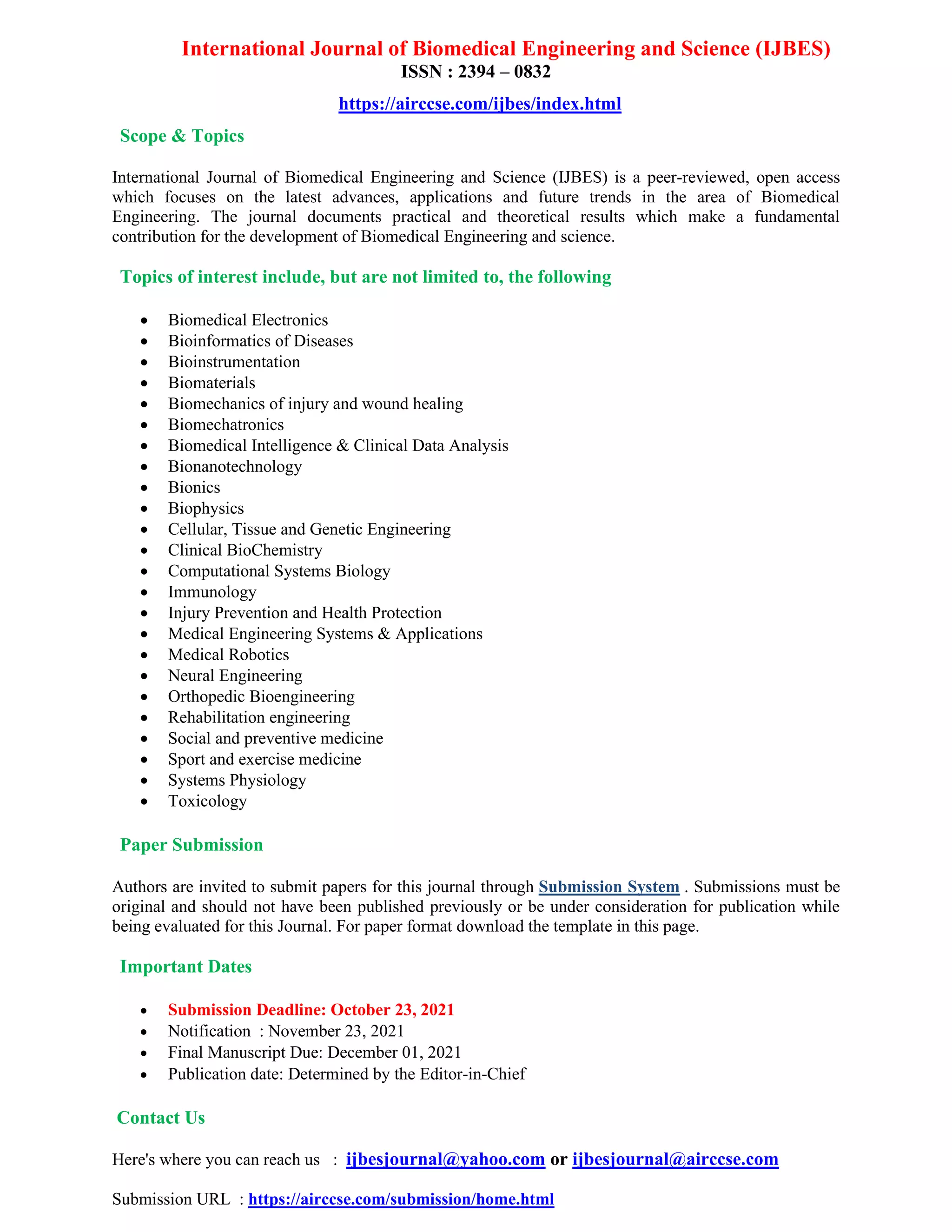 Call for Papers - International Journal of Biomedical Engineering and ...