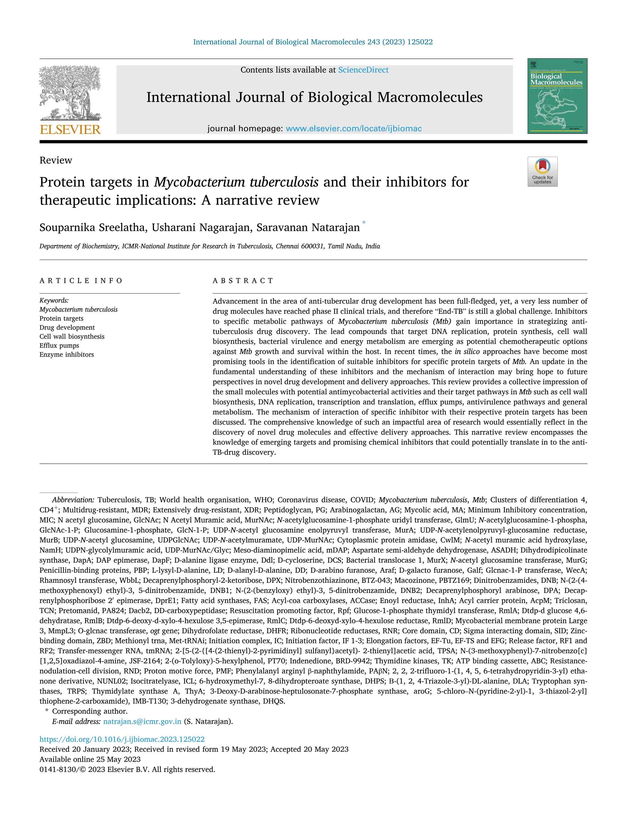 Protein targets in Mycobacterium tuberculosis and their inhibitors for ...