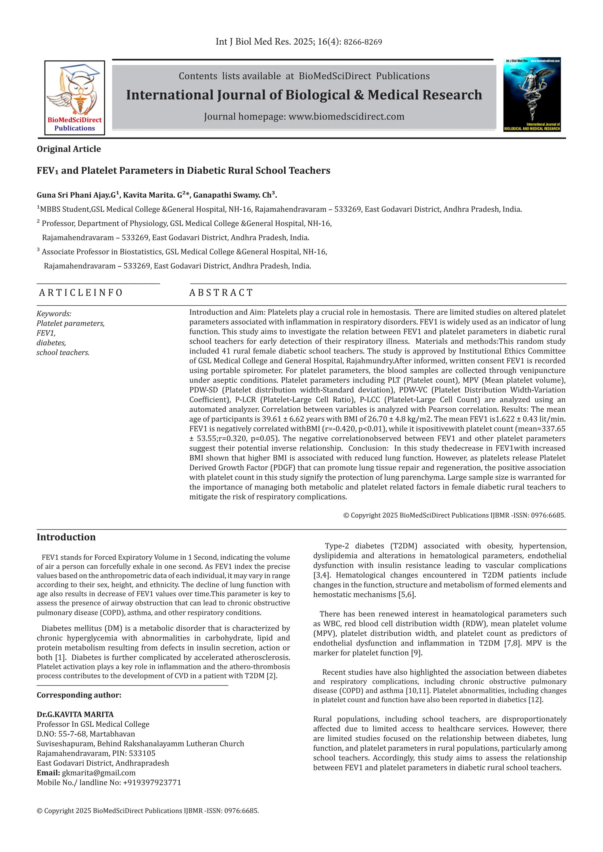 FEV1 and Platelet Parameters in Diabetic Rural School Teachers | PDF