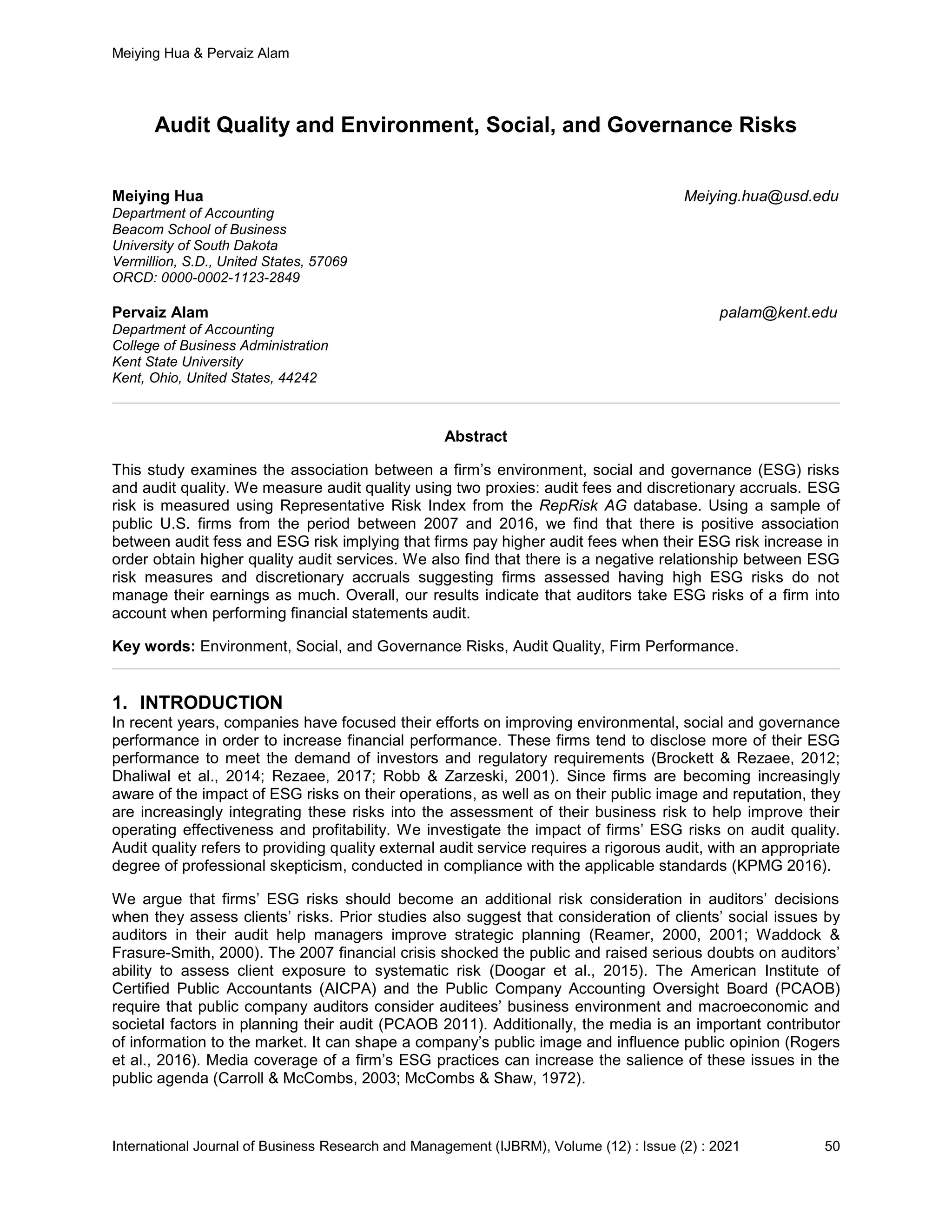 Audit Quality and Environment, Social, and Governance Risks | PDF