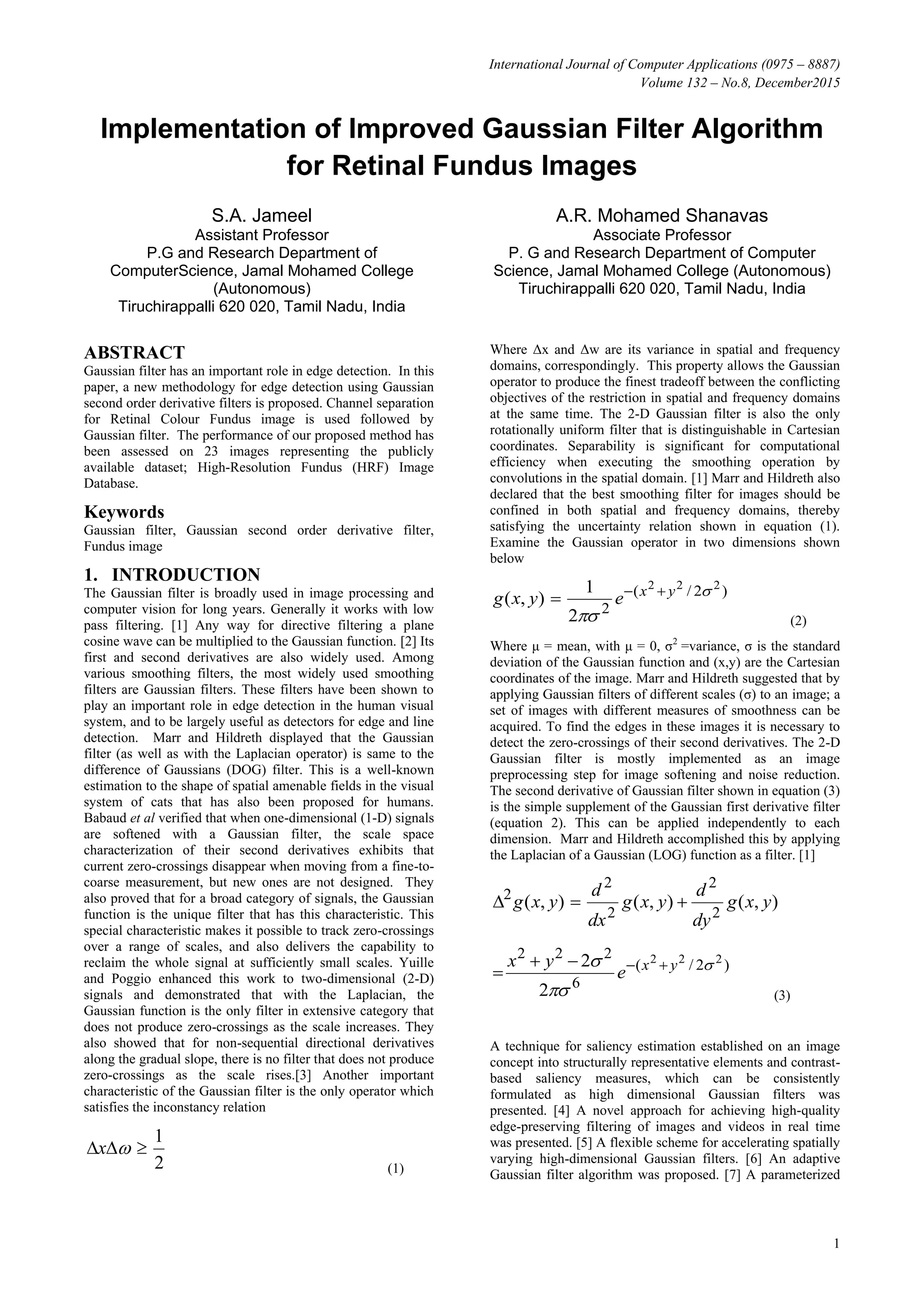 IMPLEMENTATION OF IMPROVED GAUSSIAN FILTER ALGORITHM FOR RETINAL FUNDUS IMAGES | PDF