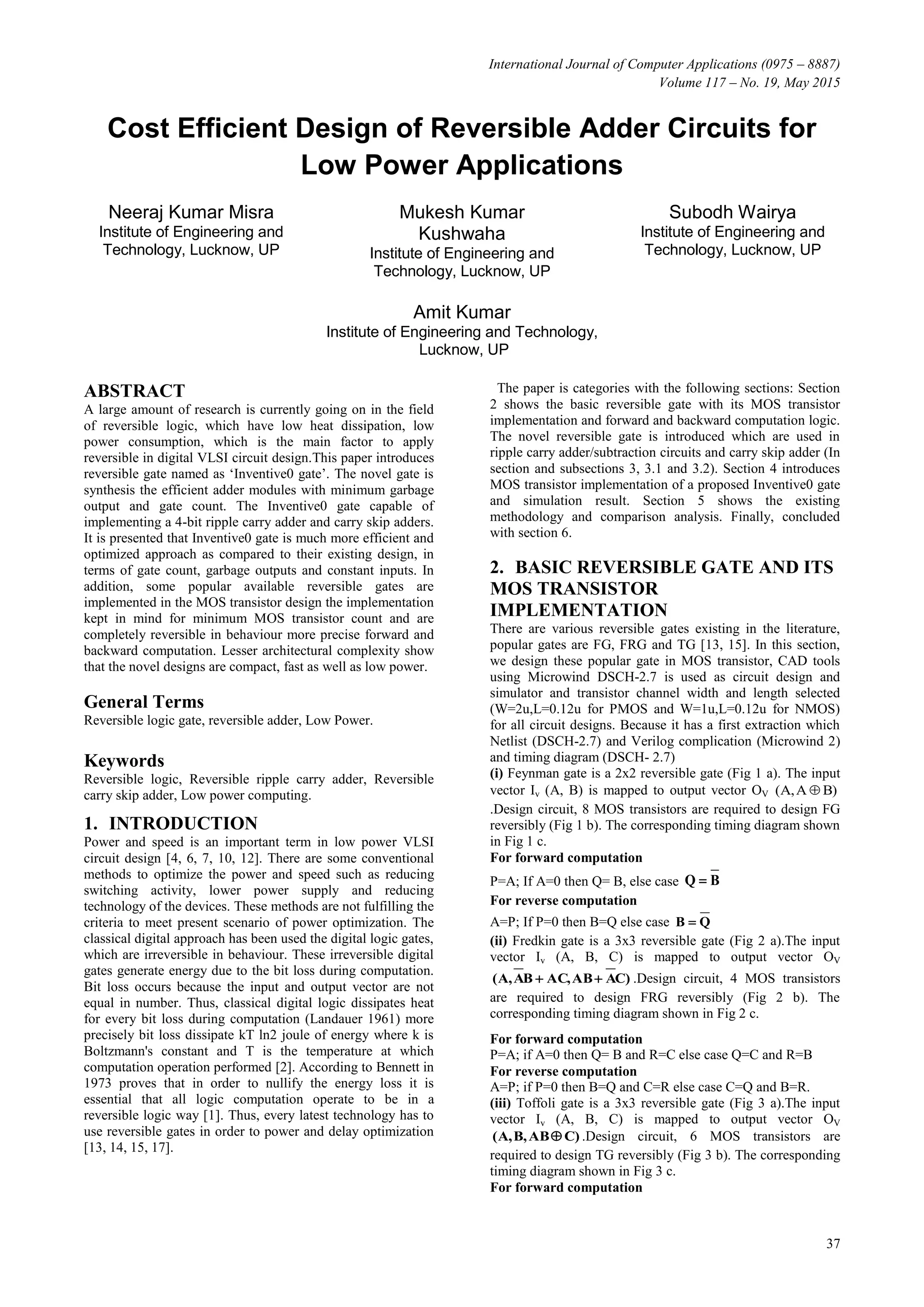 Cost Efficient Design Of Reversible Adder Circuits For Low Power Applications Pdf