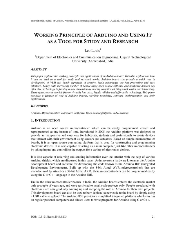 WORKING PRINCIPLE OF ARDUINO AND USING IT AS A TOOL FOR STUDY AND ...