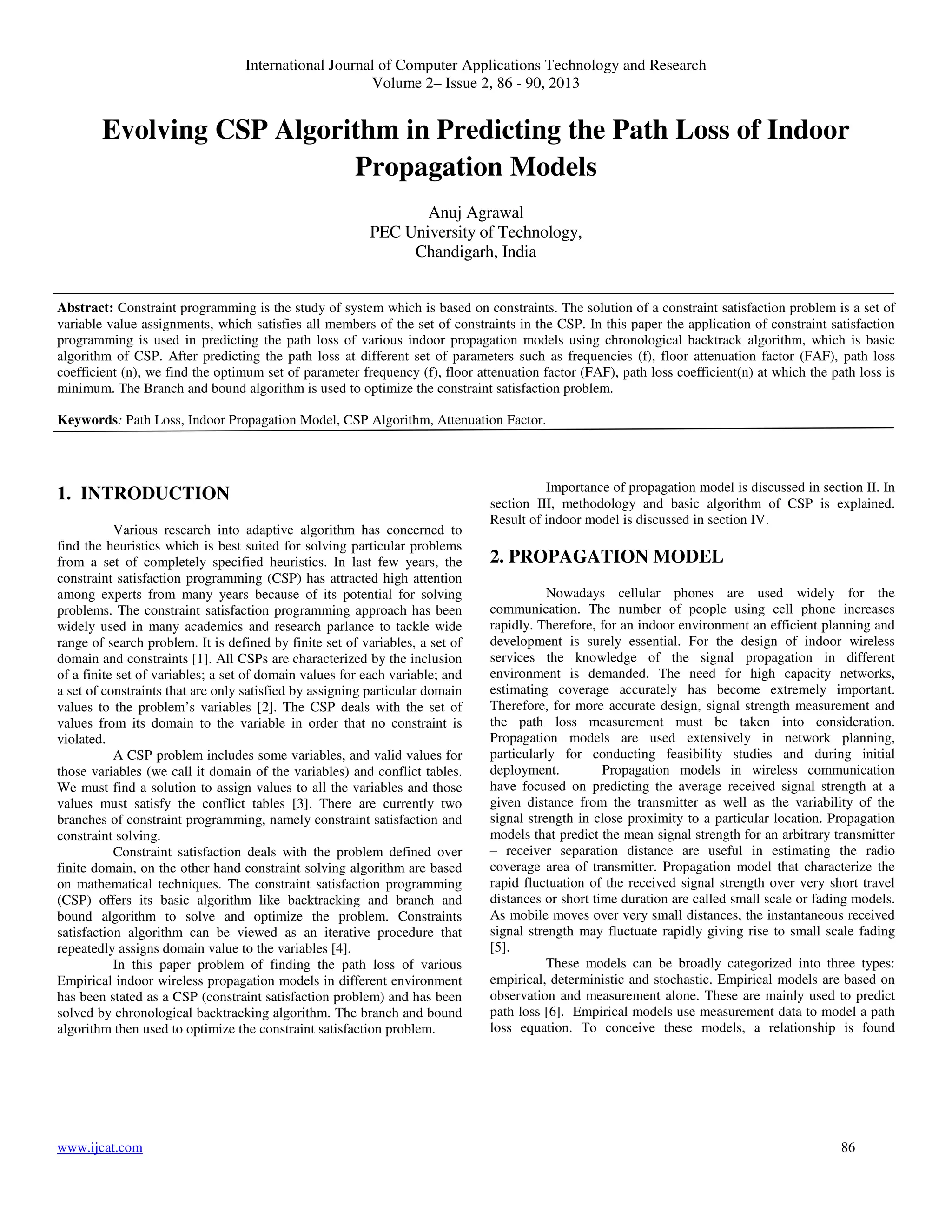 Evolving CSP Algorithm in Predicting the Path Loss of Indoor Propagation Models | PDF