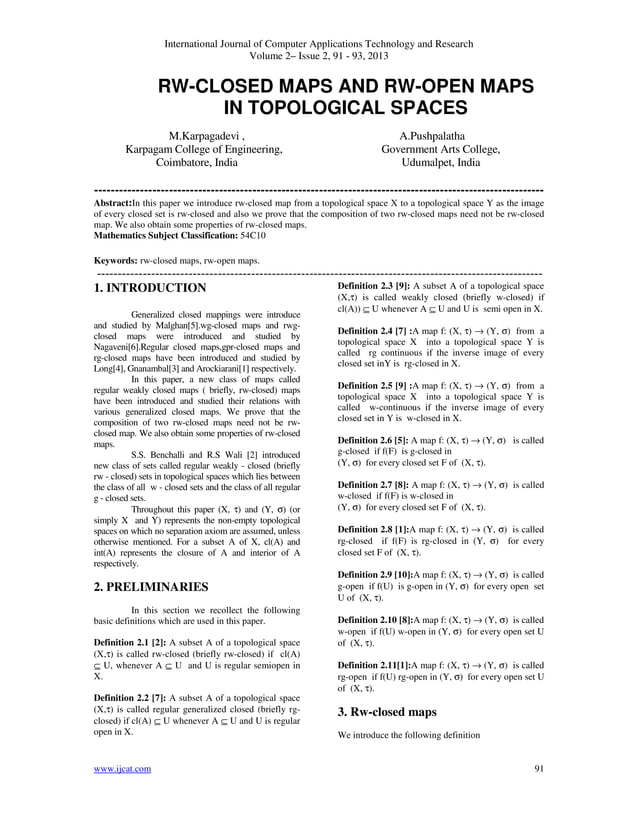 RW-CLOSED MAPS AND RW-OPEN MAPS IN TOPOLOGICAL SPACES | PDF