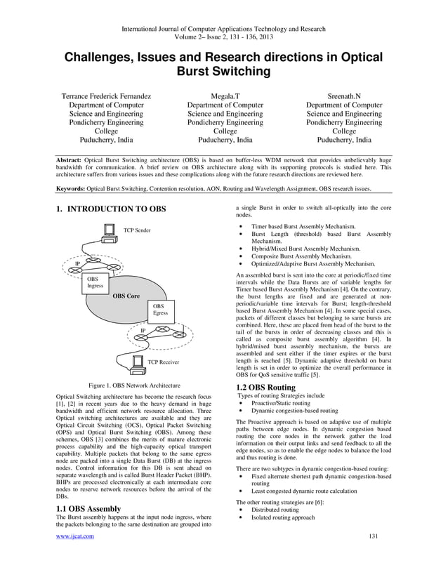 Challenges, Issues and Research directions in Optical Burst Switching | PDF | Computer ...