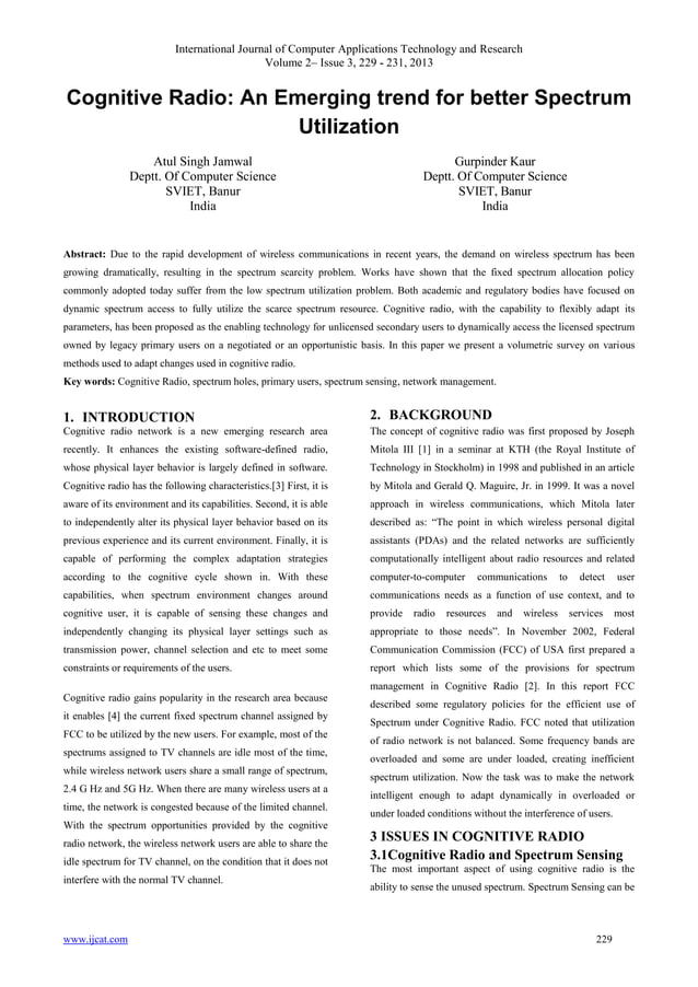 Cognitive Radio: An Emerging trend for better Spectrum Utilization | PDF