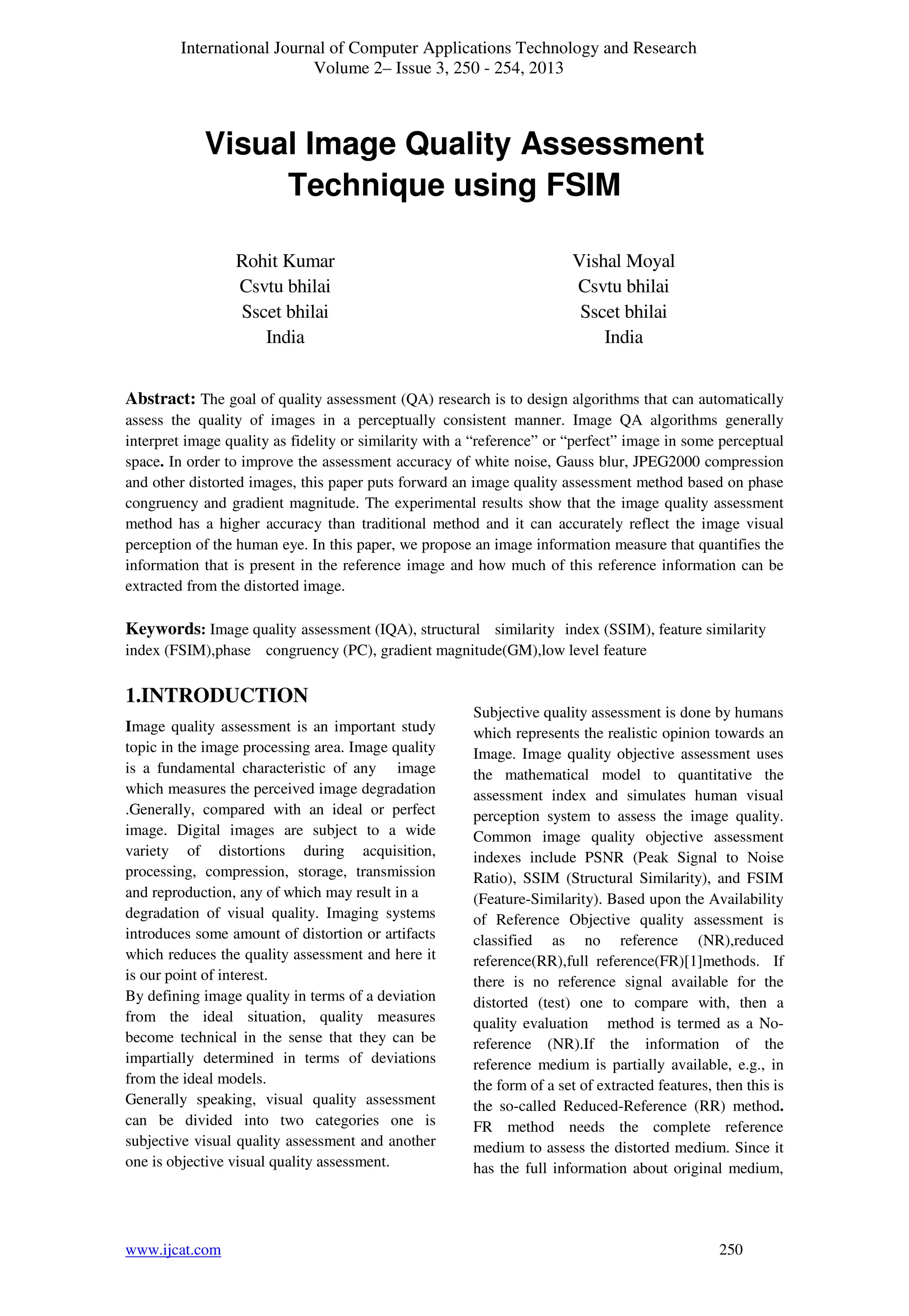 Visual Image Quality Assessment Technique using FSIM | PDF