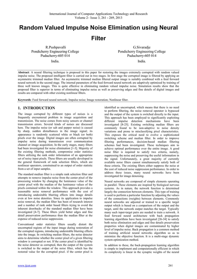 Random Valued Impulse Noise Elimination using Neural Filter | PDF