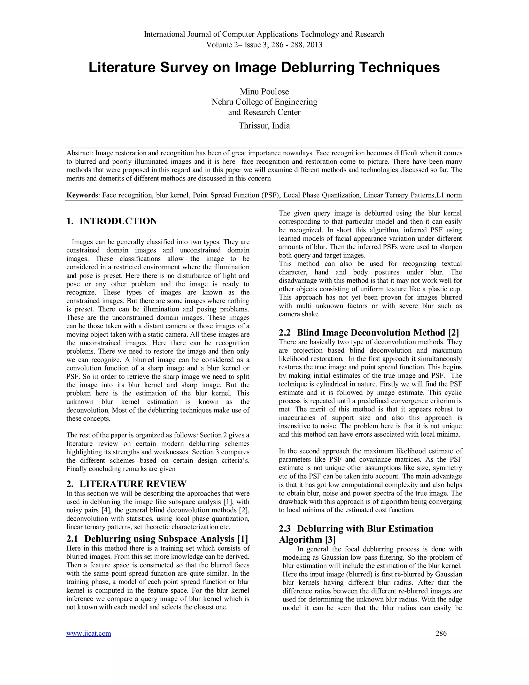 Literature Survey on Image Deblurring Techniques | PDF