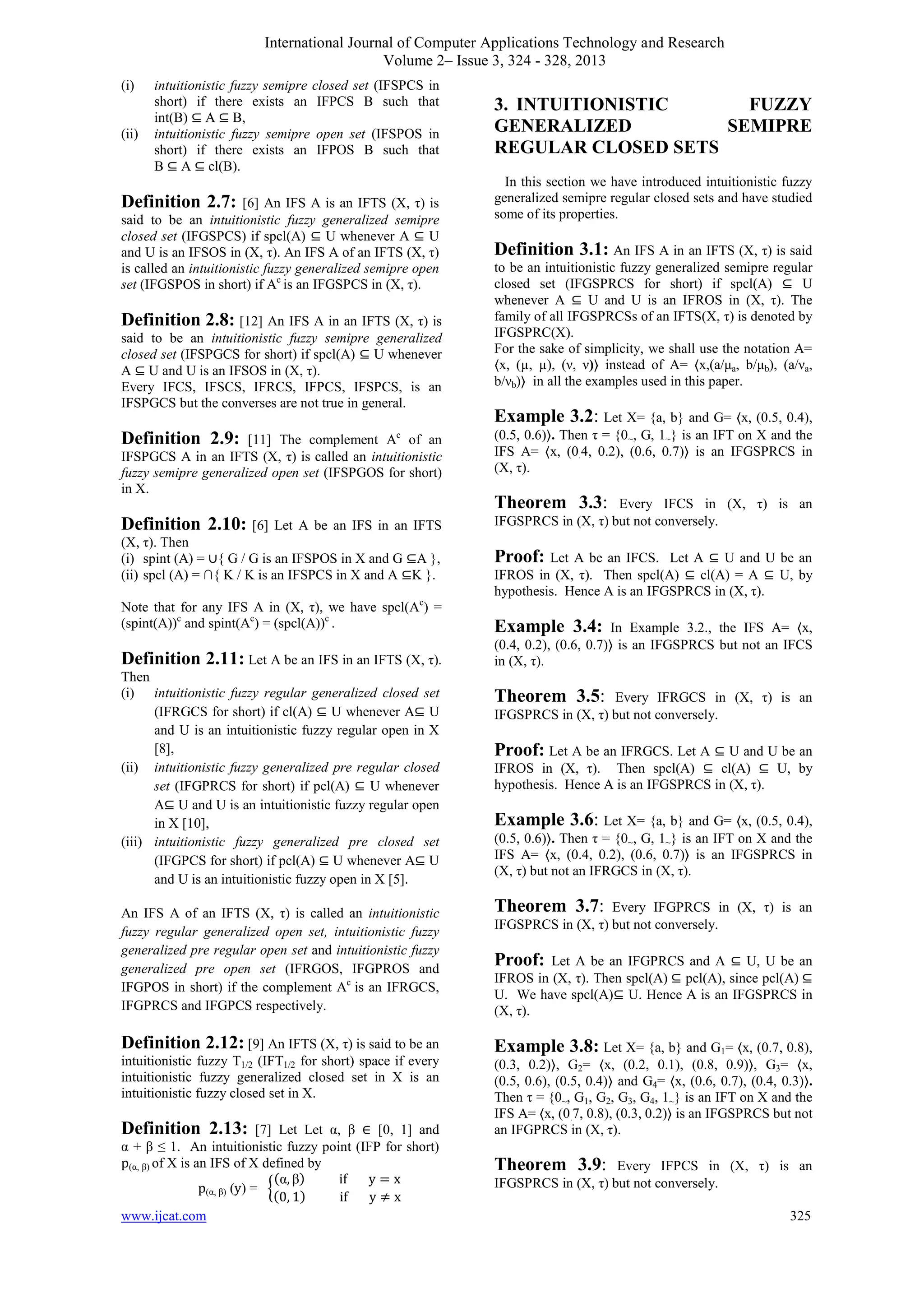 Generalized Semipre Regular Closed Sets in Intuitionistic Fuzzy Topological Spaces | PDF