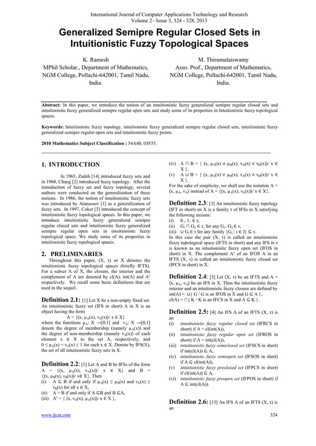 Generalized Semipre Regular Closed Sets in Intuitionistic Fuzzy Topological Spaces | PDF