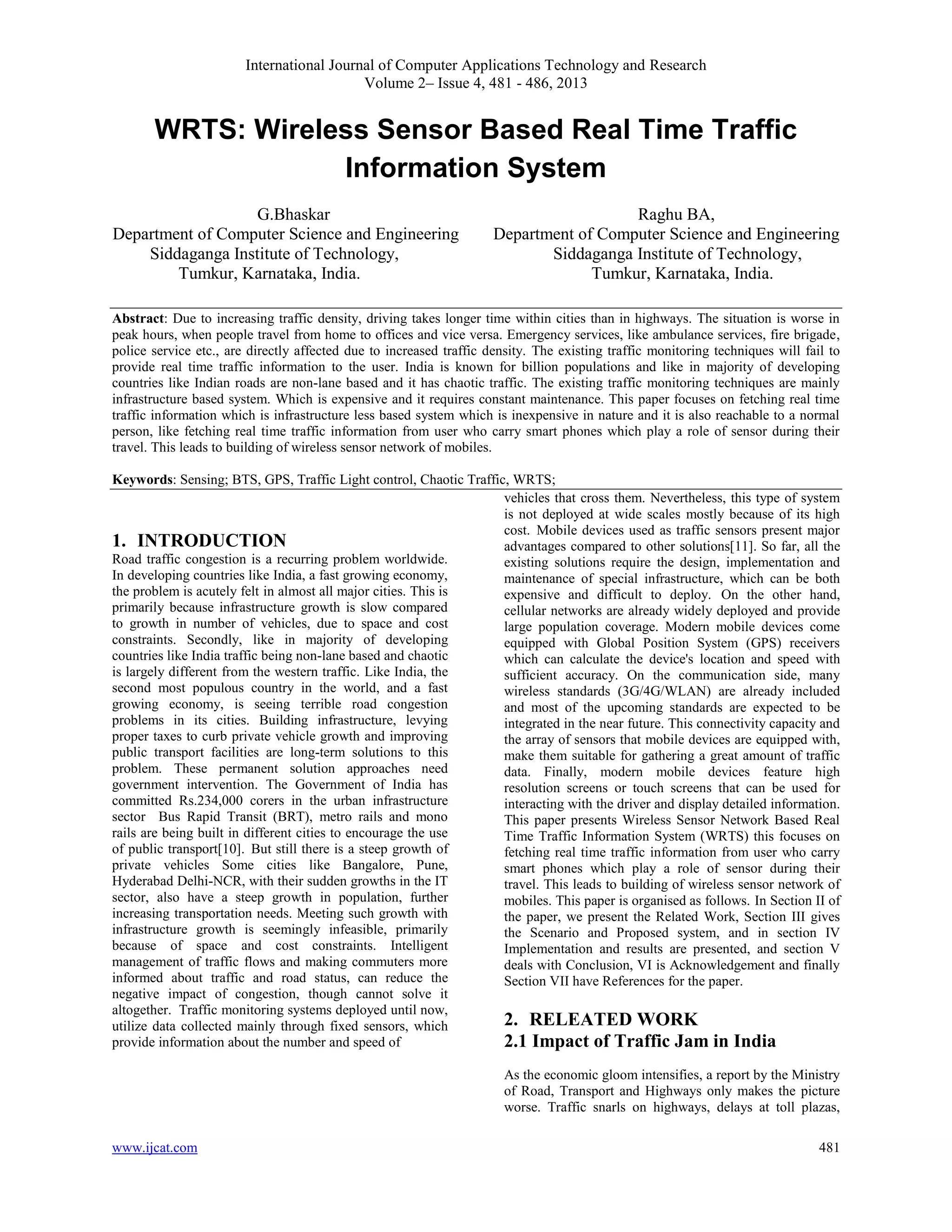 WRTS: Wireless Sensor Based Real Time Traffic Information System | PDF