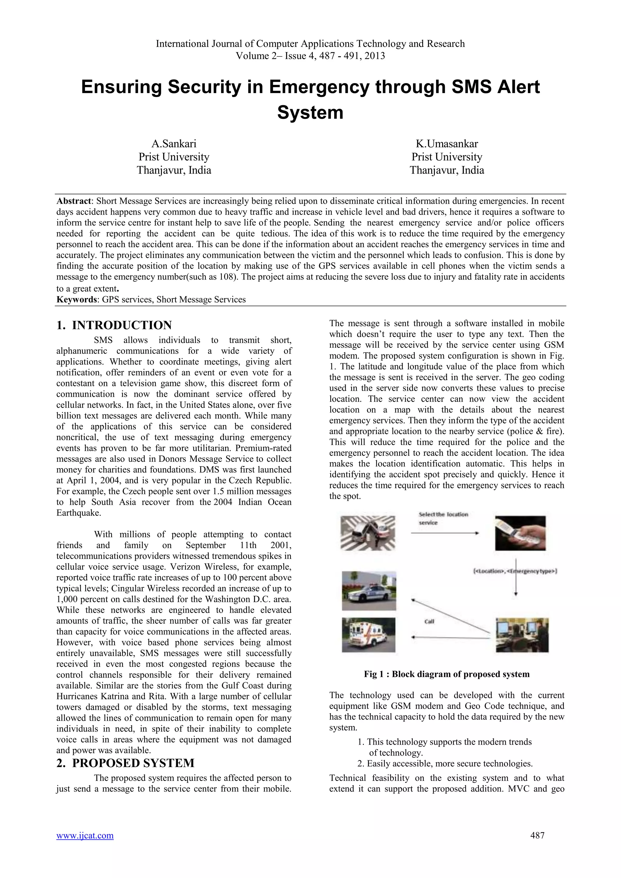 Ensuring Security in Emergency through SMS Alert System | PDF