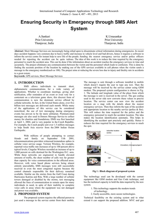 Ensuring Security in Emergency through SMS Alert System | PPT