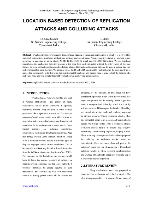 LOCATION BASED DETECTION OF REPLICATION ATTACKS AND COLLUDING ATTACKS | PDF