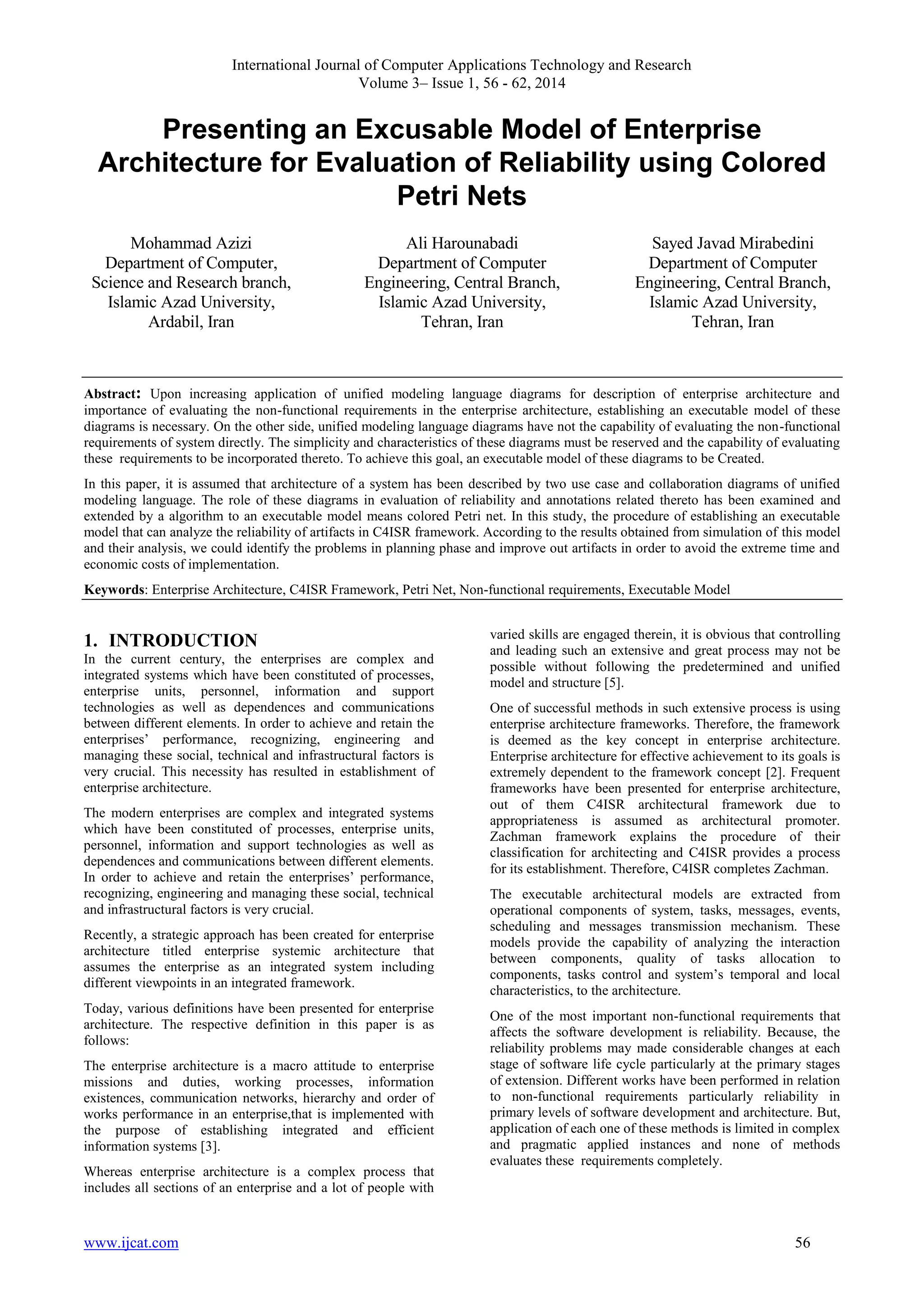Presenting an Excusable Model of Enterprise Architecture for Evaluation of Reliability using ...