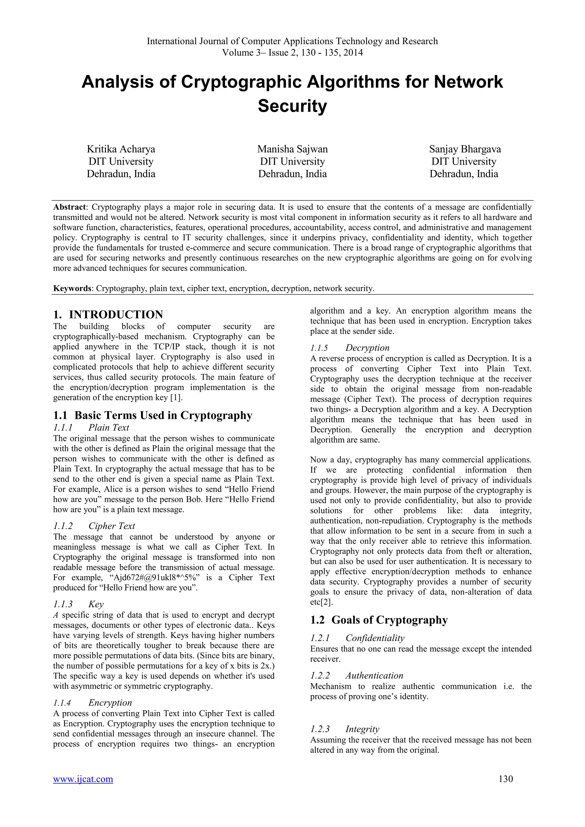 Analysis of Cryptographic Algorithms for Network Security | PDF
